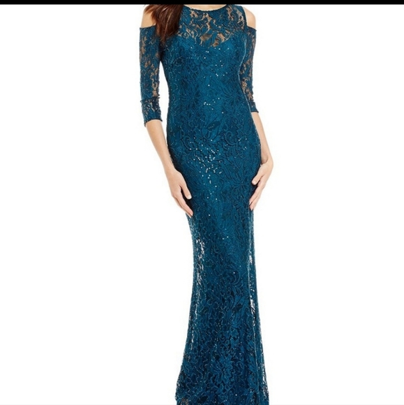 MARINA | Dresses | Marina Cold Shoulder Sequin Lace Gown Size 4 Guc ...